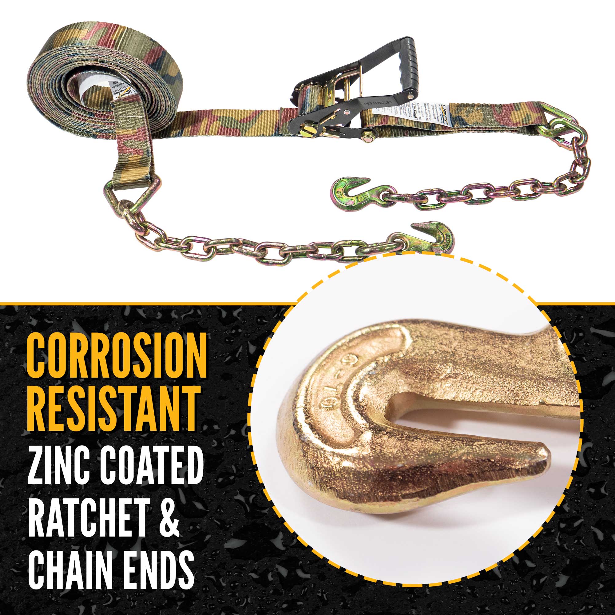 2" x 27' Camo Ratchet Tie Down Strap with Chain Extension
