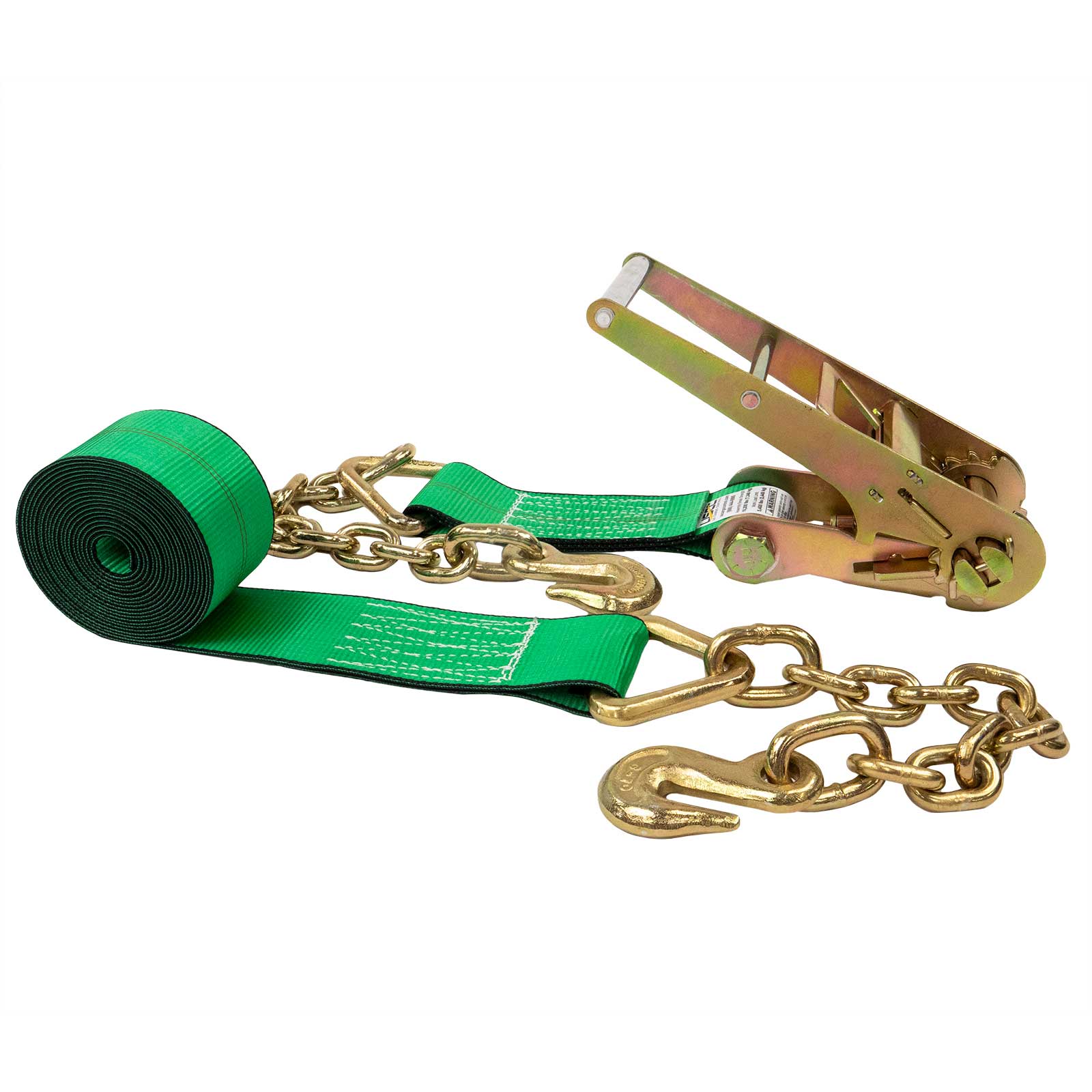 3" x 30' Ratchet Tie Down Strap with Chain Extensions | Green