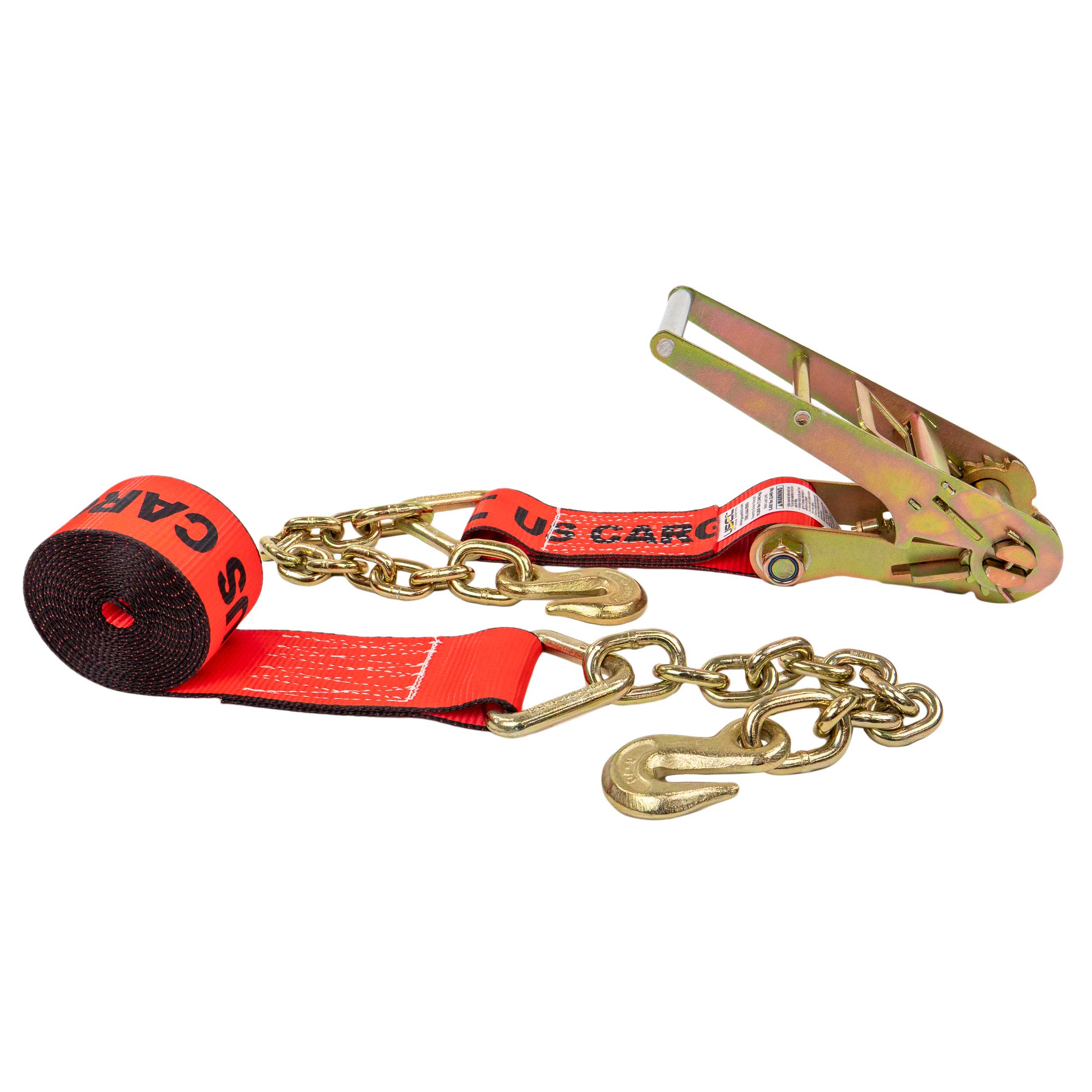 3" x 20' Red Ratchet Strap w/ Chain Extensions