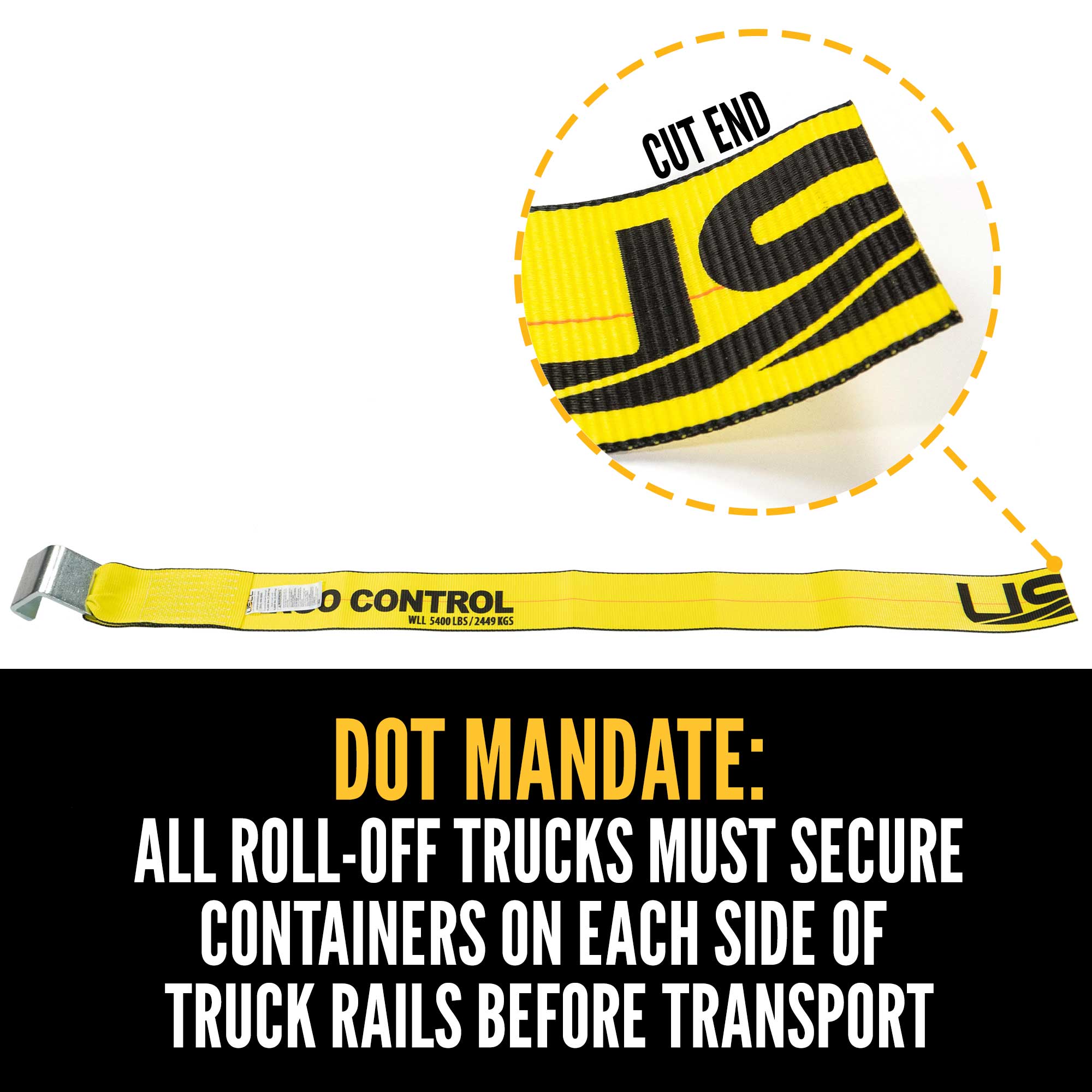 4" x 5' Roll Off Container Strap with Flat Container Hook | Yellow