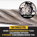 3/4" 6x37 304 Stainless Wire Rope - 49,600 lbs. BS