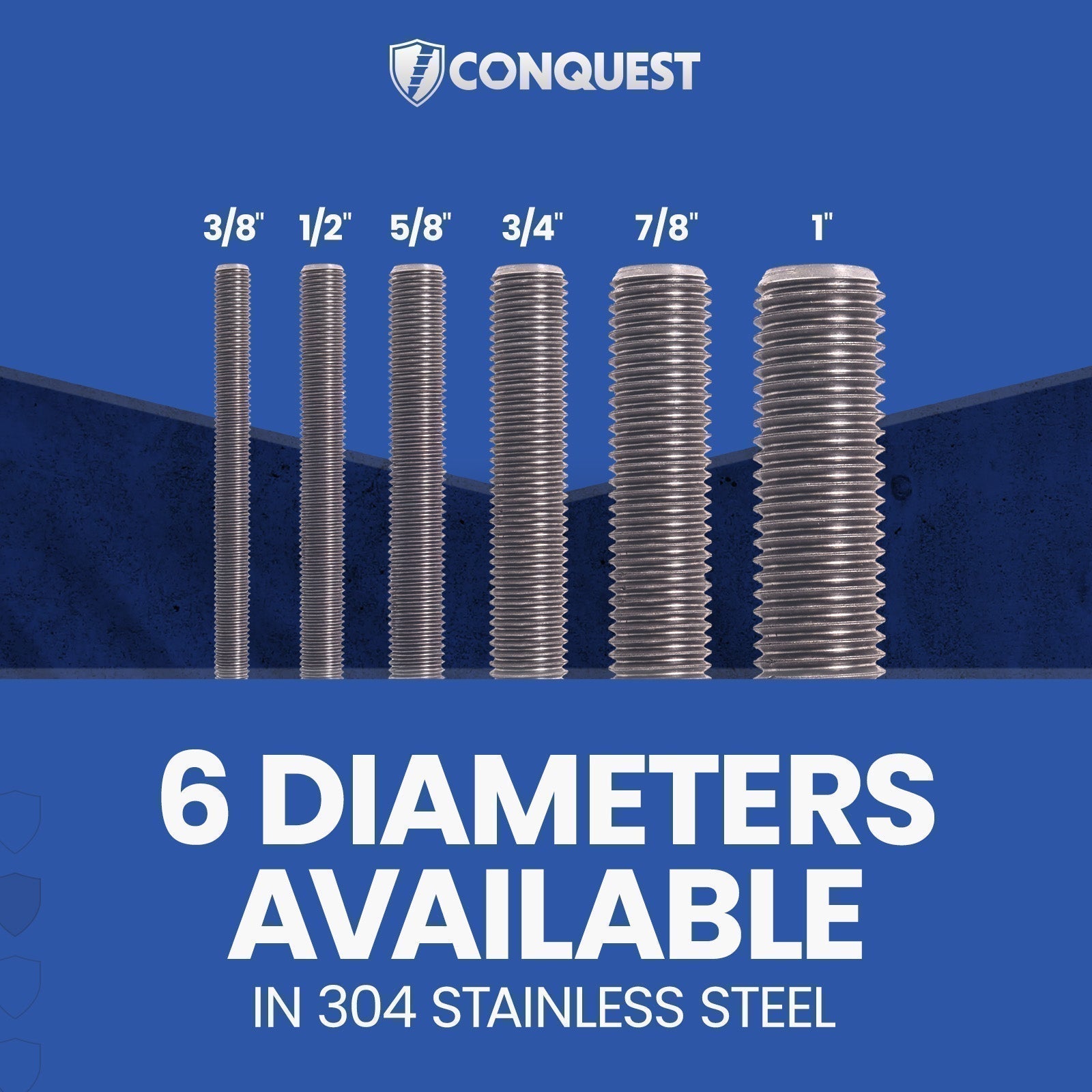Conquest 5/8" x 3' 304 Stainless Steel Coarse Threaded Rod