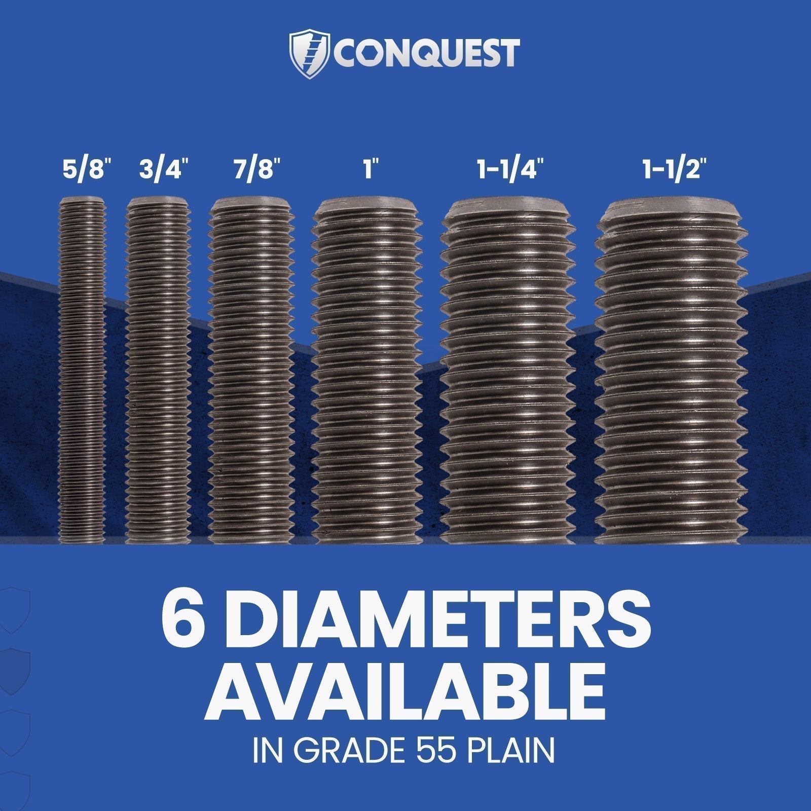 Conquest 1" x 3' Grade 55 Coarse Threaded Rod - Plain Finish