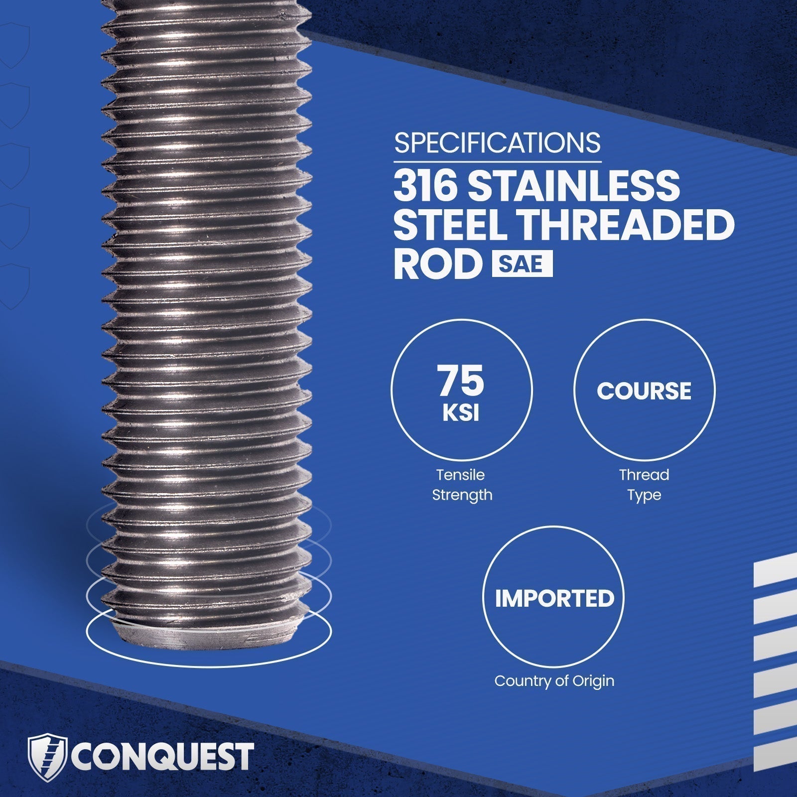 Conquest 5/8" x 3' 316 Stainless Steel Coarse Threaded Rod