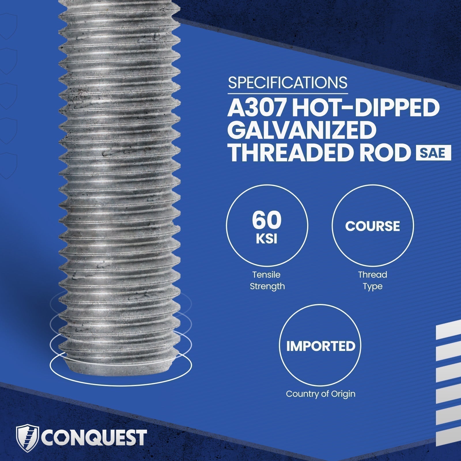 Conquest 1/2" x 3' A307 Coarse Threaded Rod - Hot Dip Galvanized