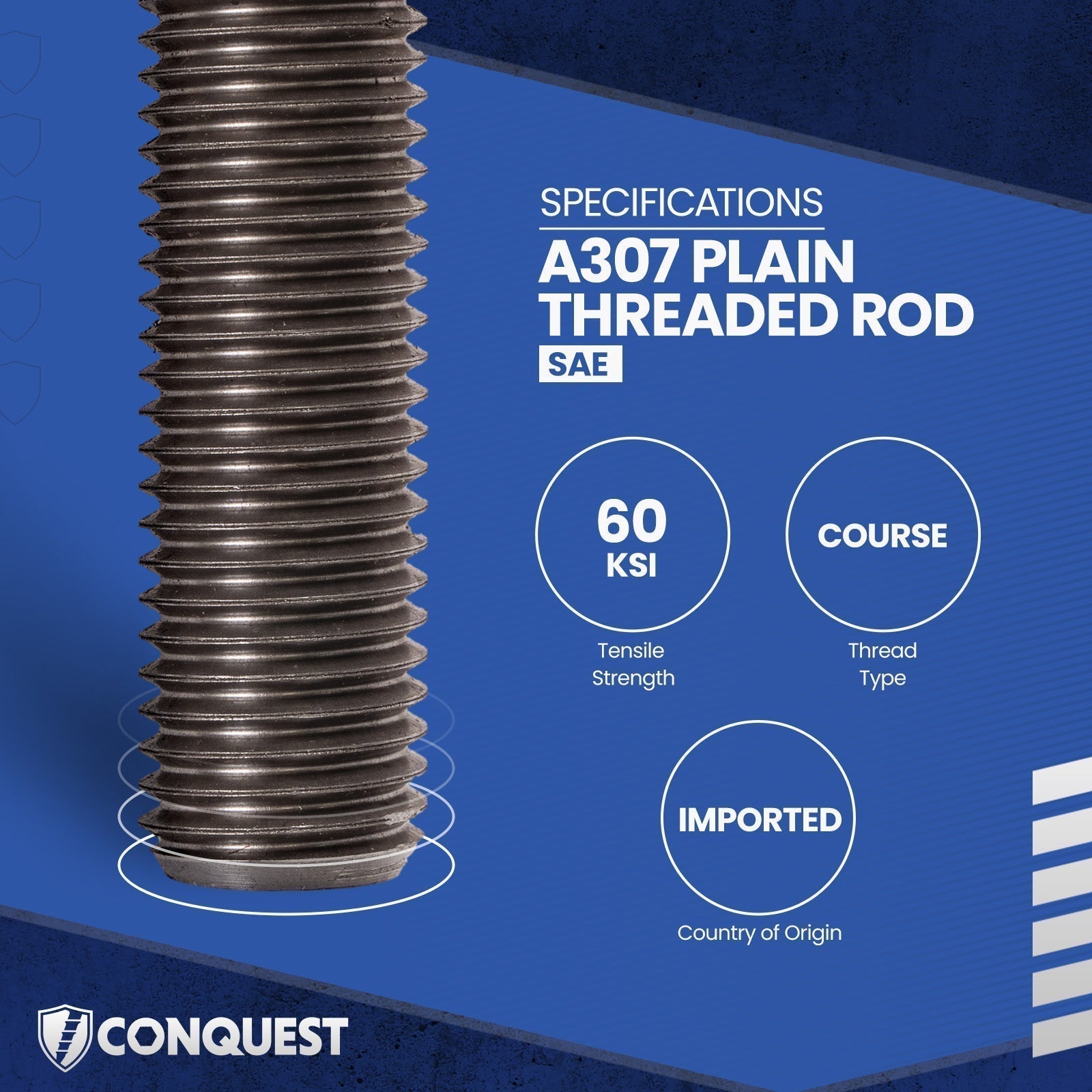 Conquest 1/2" x 1' A307 Coarse Threaded Rod - Plain Finish