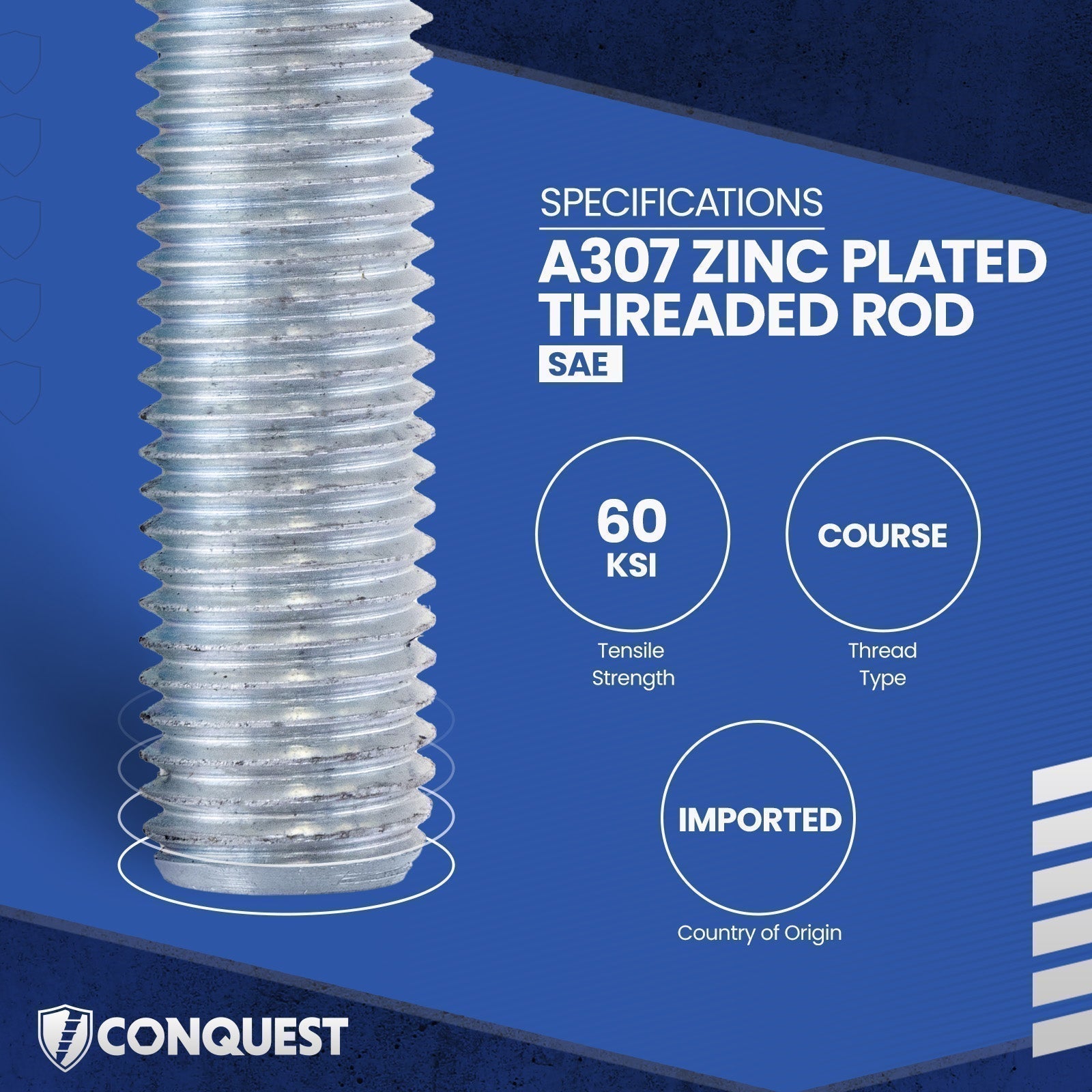 Conquest 3/8" x 2' A307 Coarse Threaded Rod - Zinc Plated