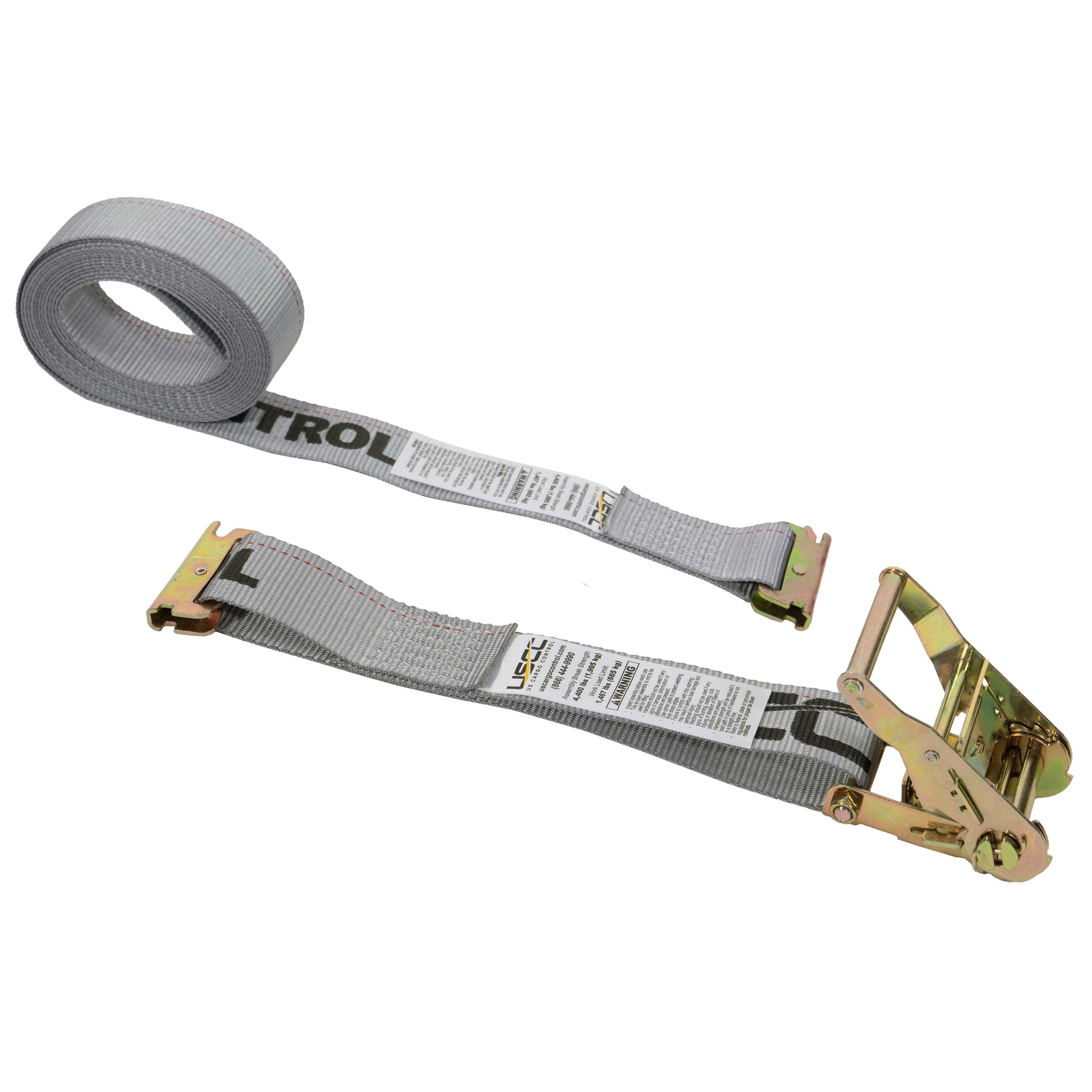 2" x 16' Gray Ratchet E-Track Tie Down Strap | 1' Fixed End
