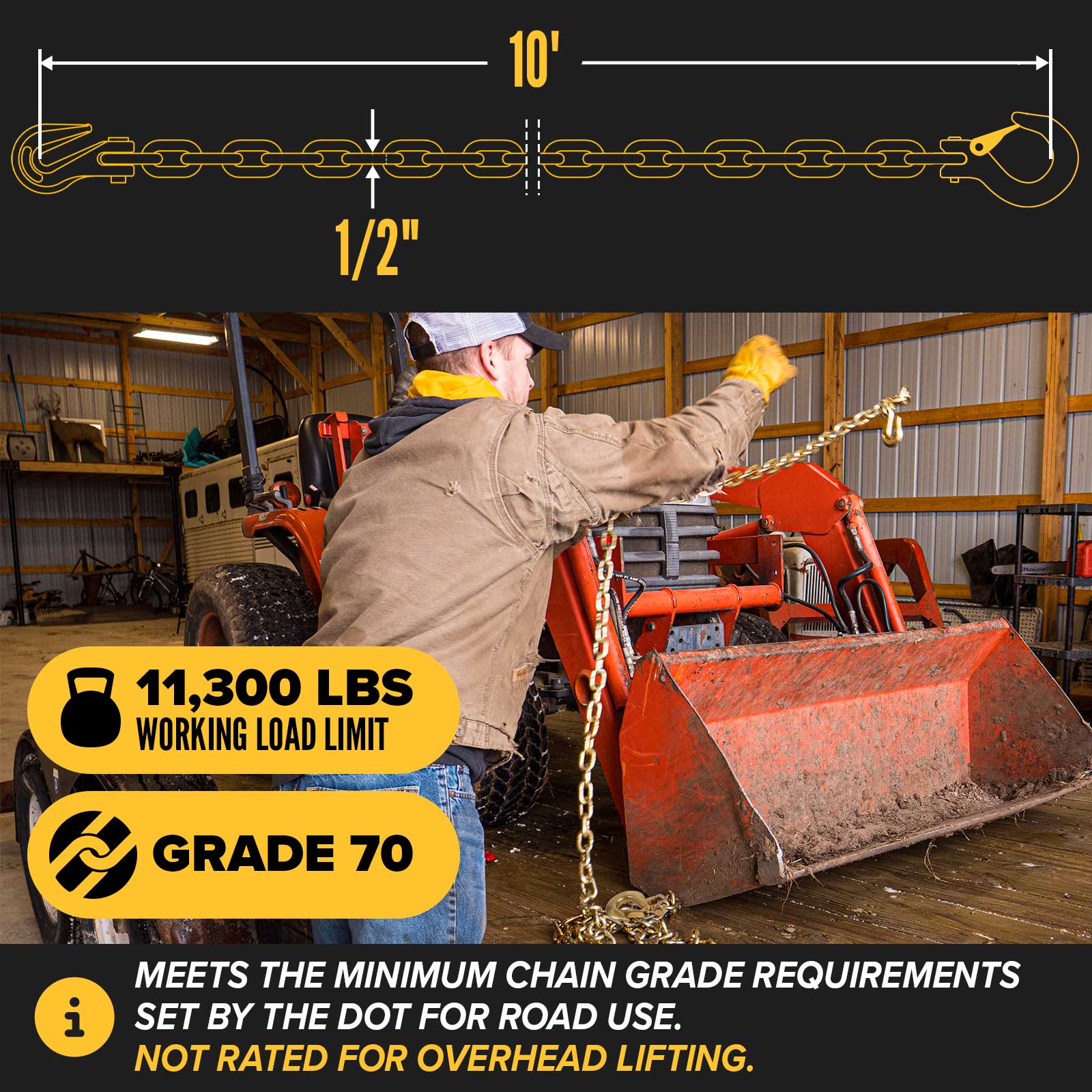 1/2" x 10' Grade 70 Transport Chain | Grab Hook & Slip Hook w/ Latch