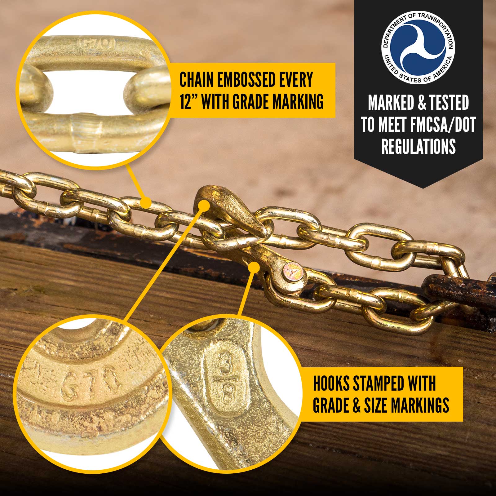 3/8" x 25' Grade 70 Transport Chain | Grab Hook & Slip Hook w/ Latch