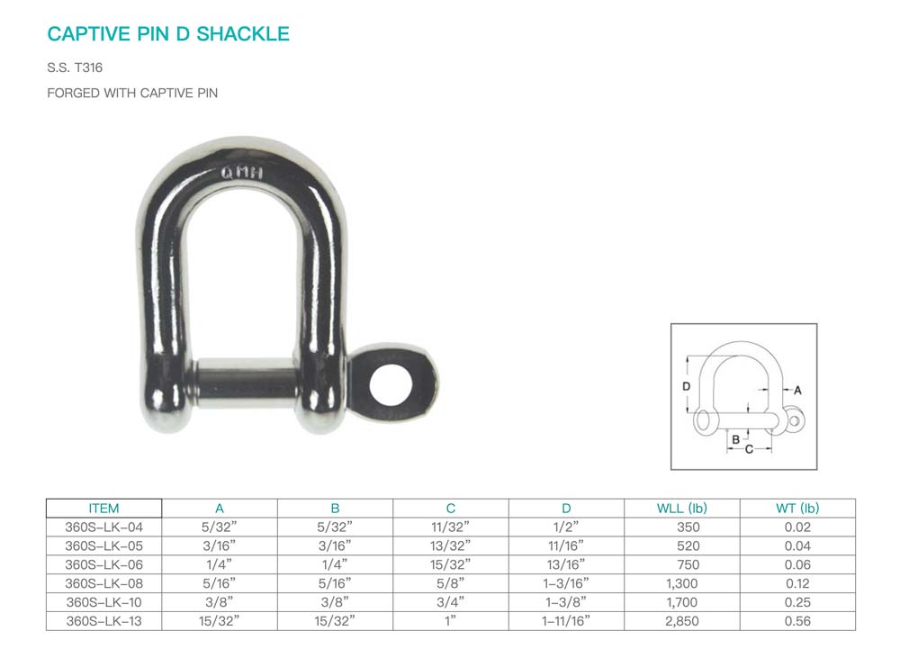 1/4" Captive Pin D Shackle Stainless Steel