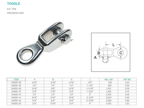Stainless Steel Toggle T316 - 3/16"