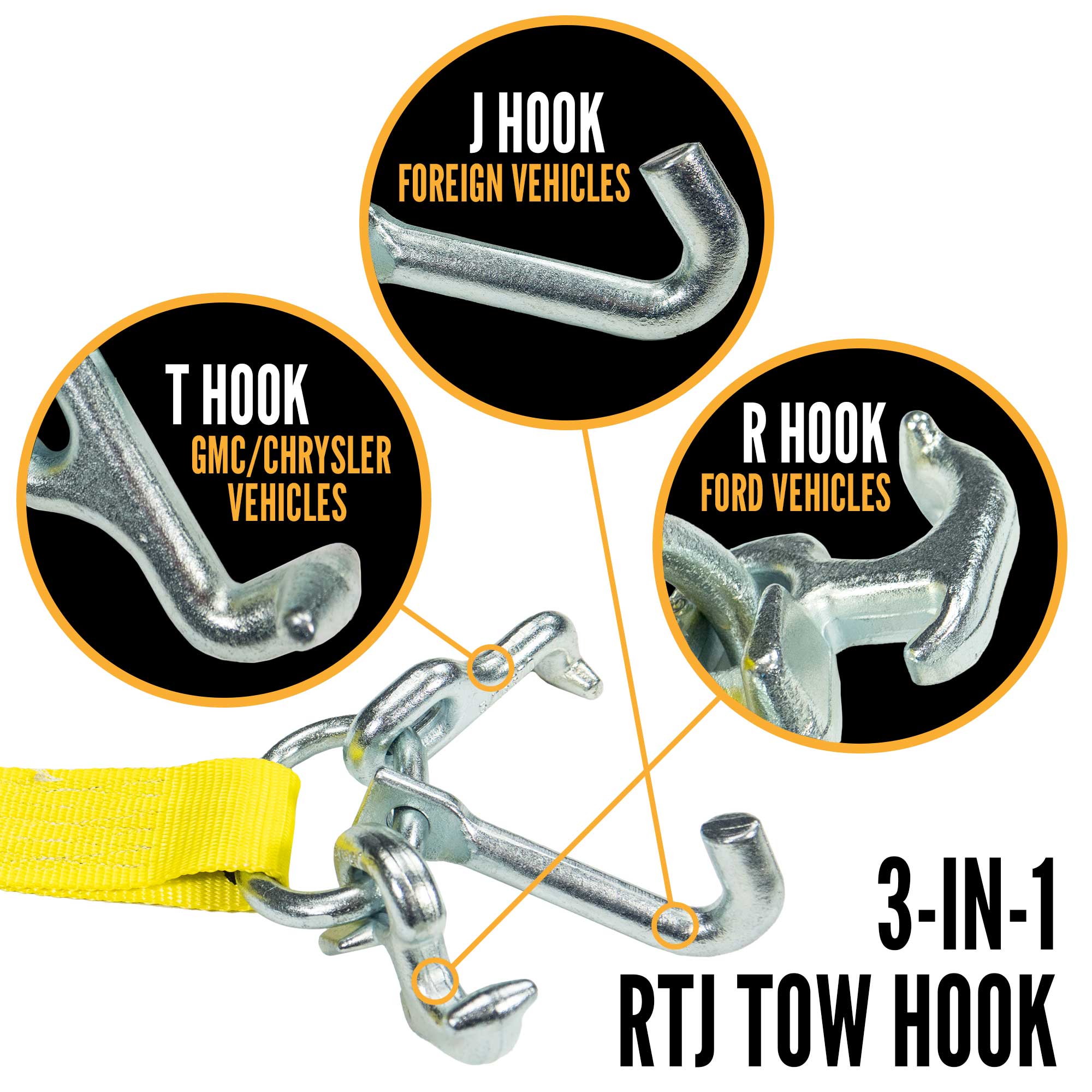 2" x 6' Tow Truck Ratchet Strap - E-Fitting / RTJ Cluster Hook