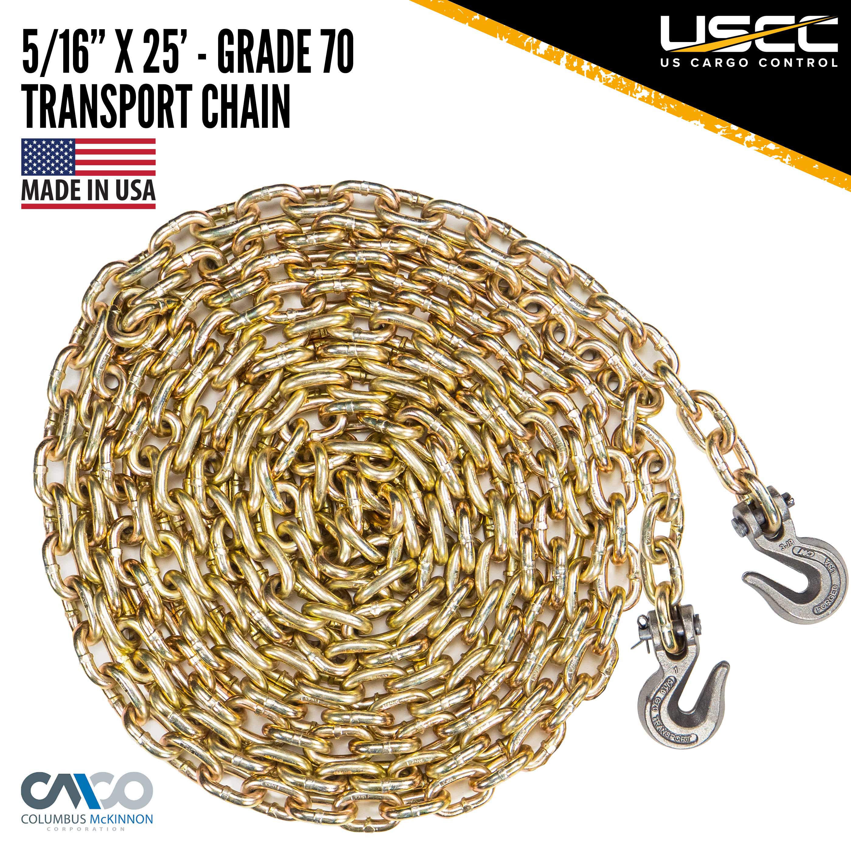 Grade 70 5/16" x 25' Chain - Ratchet Chain Binder - Made in USA Packag