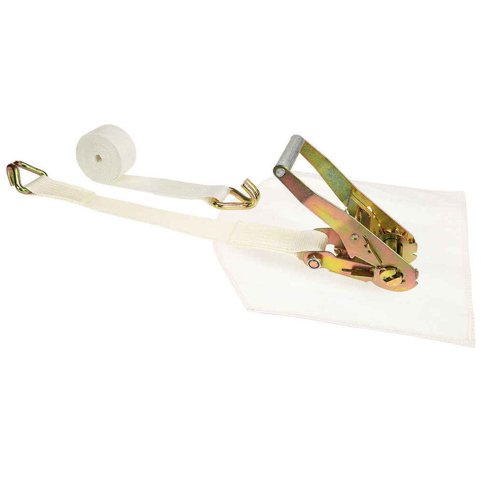2" x 15' White Tent Ratchet Strap w/ Cover & Wire Hooks